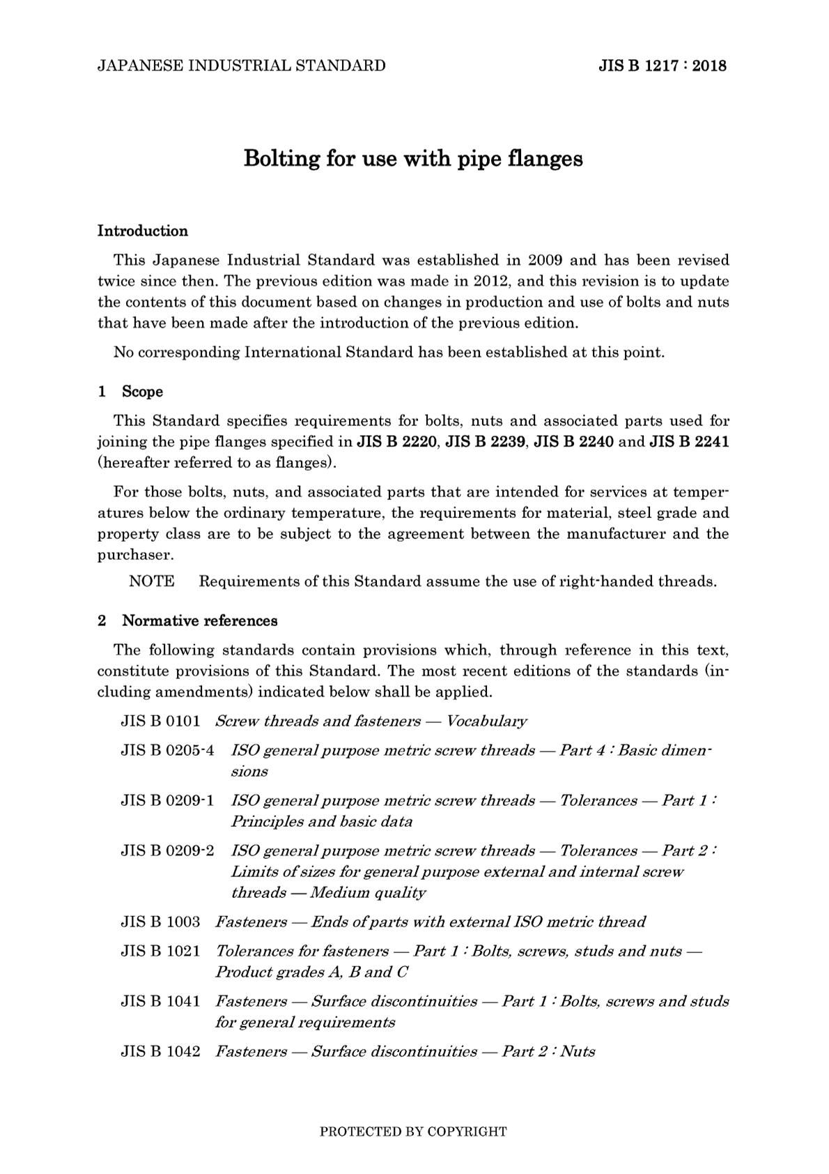 JIS B 1217:2018 - Bolting for use with pipe flanges
