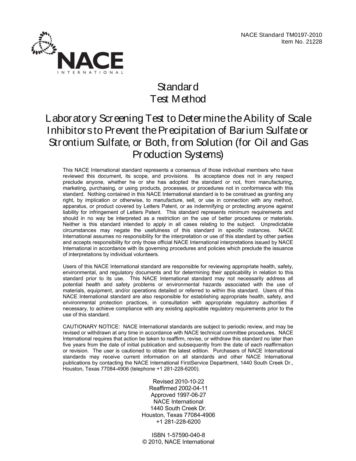 NACE TM0197-2010 | 2010 edition pdf